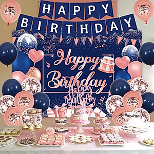 Navy Rose Gold Birthday Decorations Set for Women Girl Happy Birthday Decoration Banner Backdrop Balloon Cake Topper for 16th 18th 21st 50th 60th Birthday Party Supplies