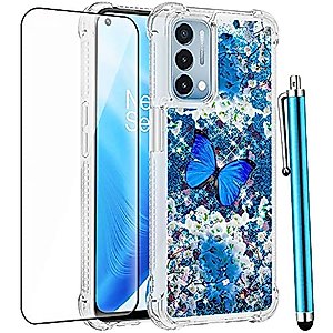 CAIYUNL for OnePlus Nord N200 5G Case with Tempered Glass Screen Protector, Glitter Bling Flowing Liquid Sparkle Women Girls Soft TPU Shockproof Protective Cute Case for OnePlus Nord N200 5G-Butterfly