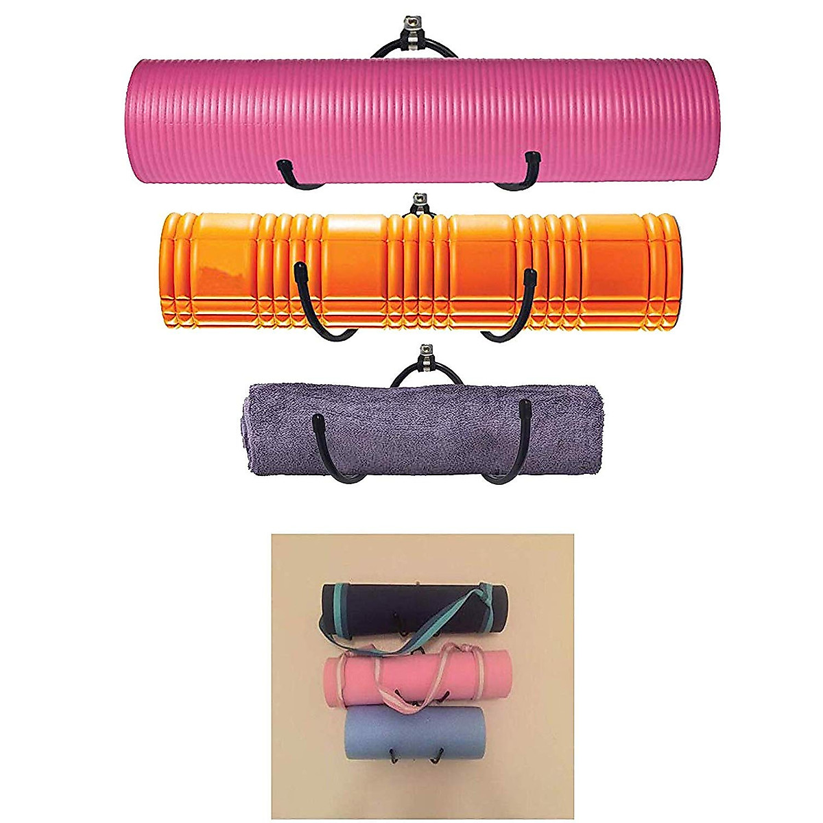 3 Pack Wall Mount Foam Roller Holder and Yoga Mat Storage and Towel Rack - Flexible Adjustable Hooks - Ideal for Home, Small Studio,Fitness Class or Commercial use