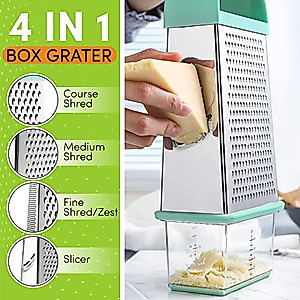 Spring Chef Professional Box Grater With Storage Container, Stainless Steel & Soft Grip Handle, 4 Sides, Handheld Kitchen Food Shredder Best for Parmesan Cheese, Vegetables, Ginger, 10" Mint