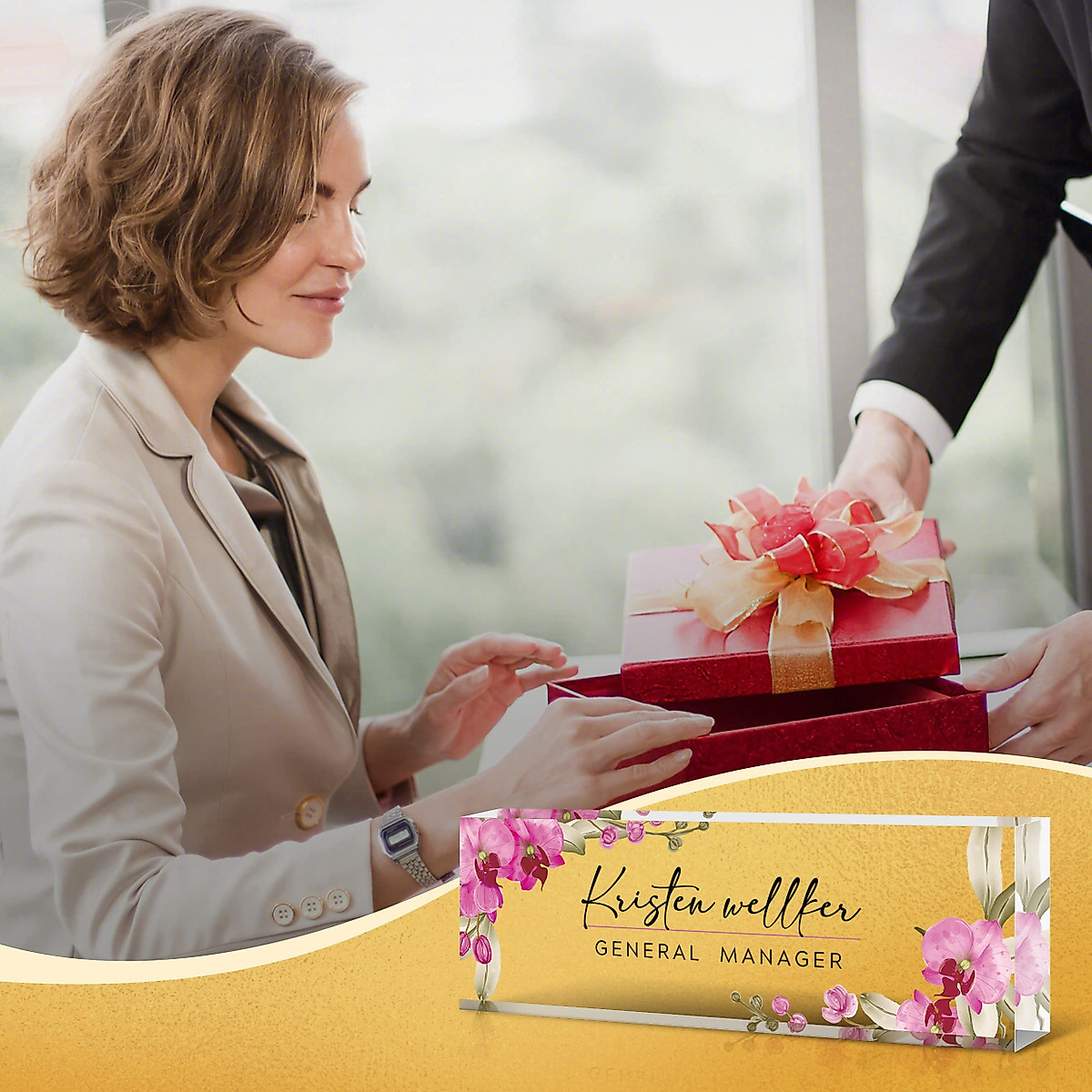 Personalized Office Name Plate for Desk, Custom Employee Appreciation Gifts, Acrylic Desk Name Plate Funny, Desk Decorations Gift, Acrylic Desk Ornaments (Style-Butterfly Orchid)…