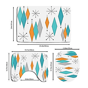 DZGlobal Mid Century Modern Bathroom Rugs Sets 3 Piece Turquoise Orange Diamond Bath Mat Non Slip U-Shaped Contour Mat Toilet Lid Cover Sets Home Decor Shower Accessories