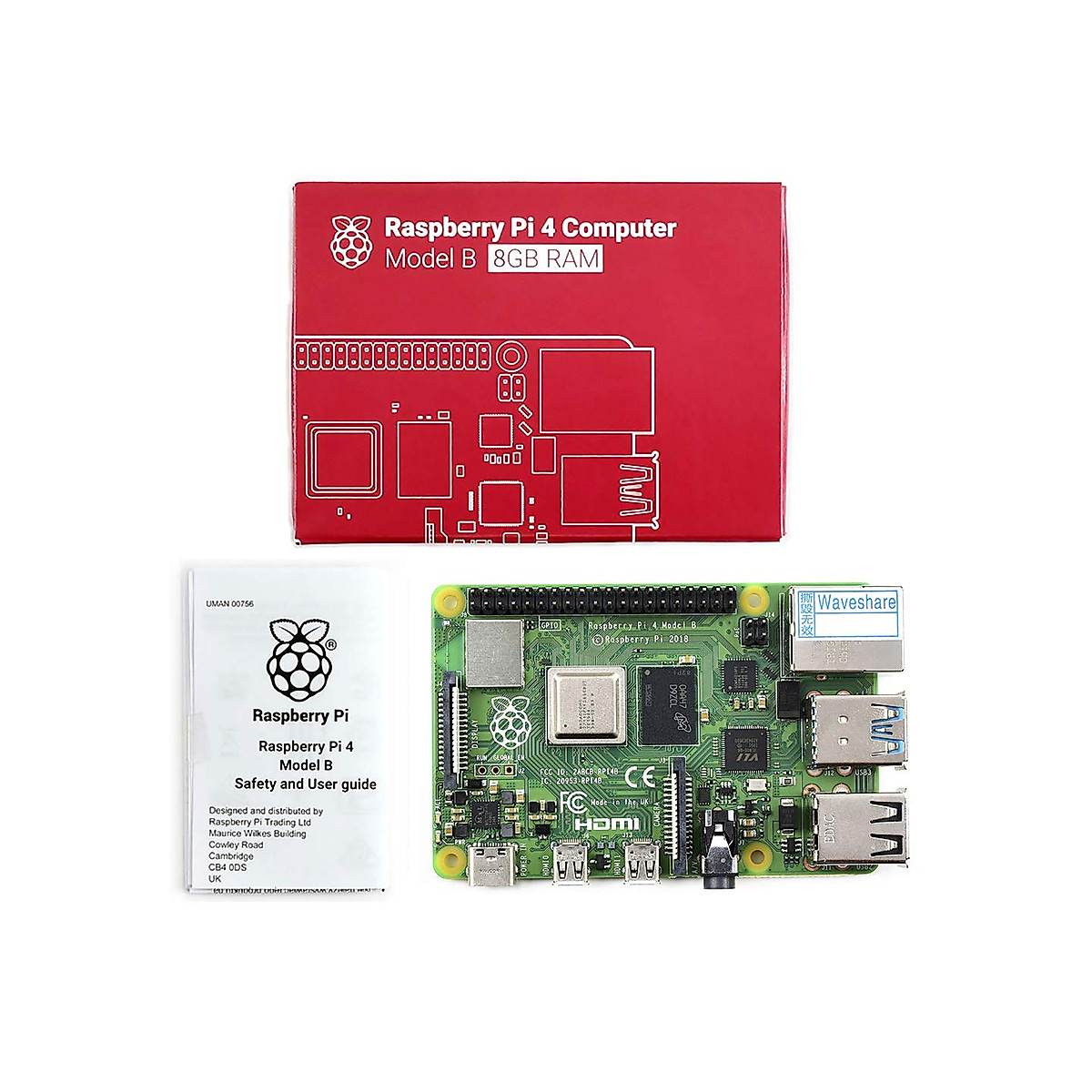 waveshare Accessory Compatible with Raspberry Pi 4B 8GB RAM, Comes with Raspberry Pi 4B 8GB, 16GB Micro SD Card, Heat Sink, Micro SD Card Reader, 5V Type-C Power Adapter (5 Items)