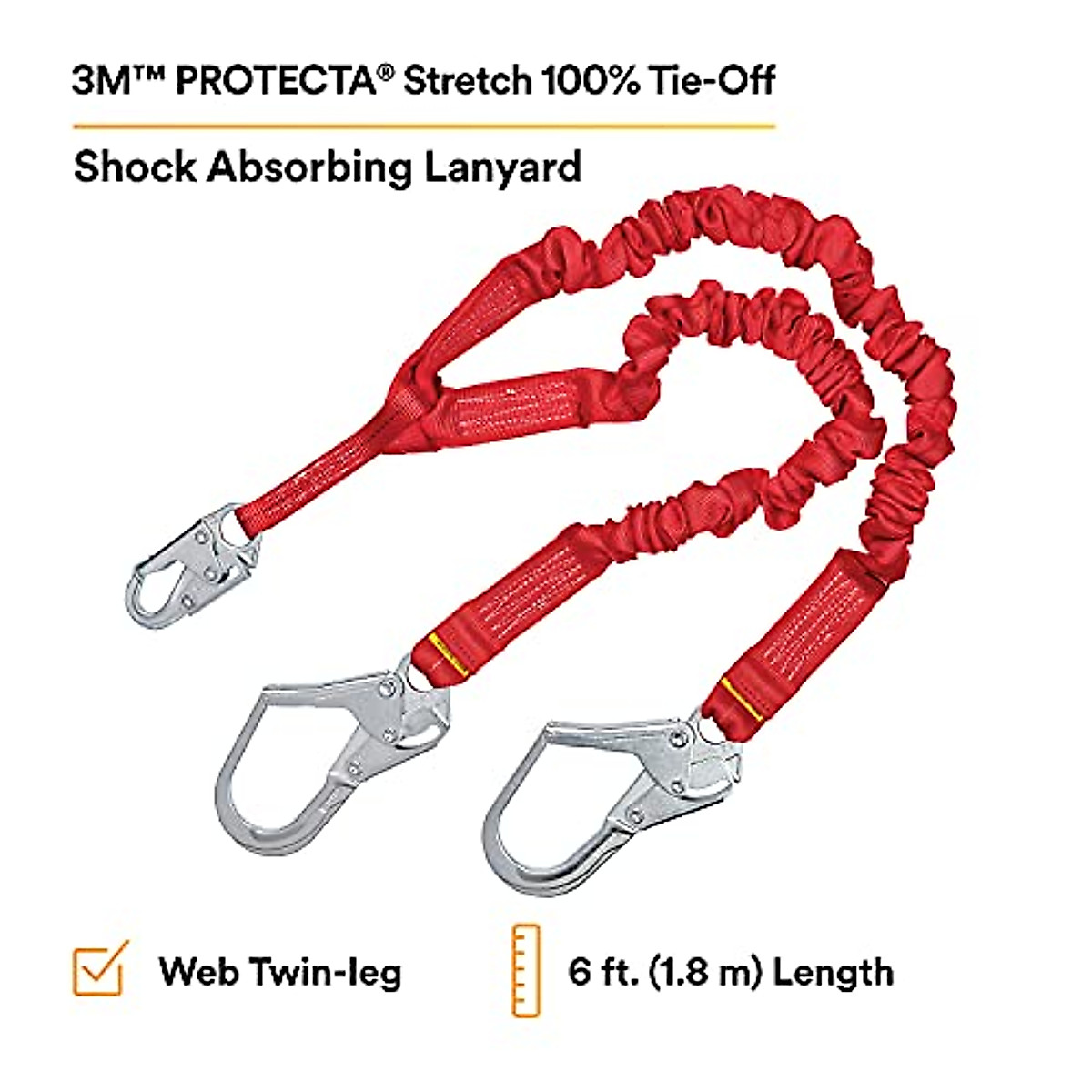 3M Protecta PRO 1340161 6', 100-Percent Elastic Shock Absorbing Lanyard, Snap Hook At Center, Steel Rebar Hooks On Leg Ends, 310 lb. Capacity, Red