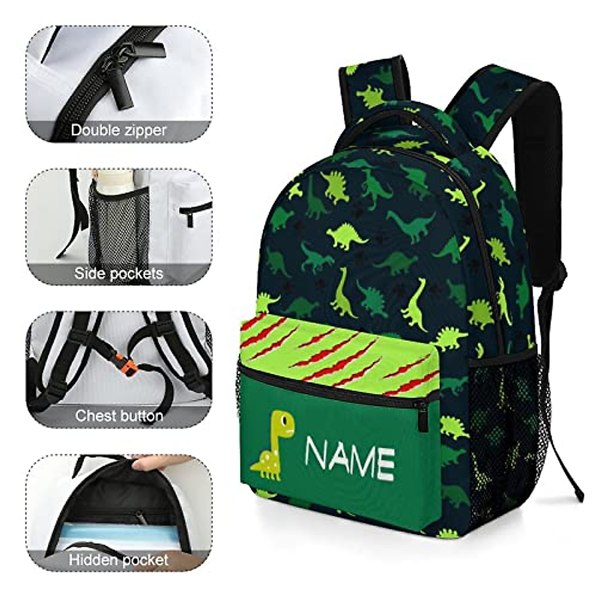 Mrokouay Custom Kid's Student Backpack Green Dinosaur Print Personalized Backpack Add Your Name Text, Customization Cute Lightweight Backpack for Boys Girls