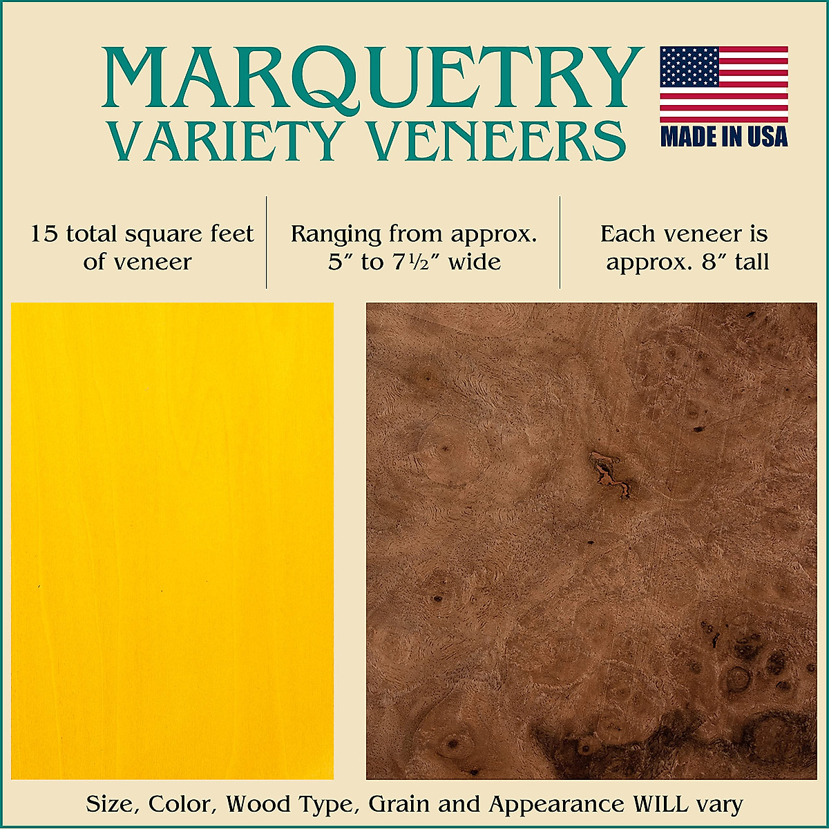 Peachtree Woodworking Supply Veneer Variety Pack for Marquetry and Inlay Work with 15 Square Feet of Domestic •Exotic •Various Grain and Color Dyed Raw Wood Veneers •No Two Packs are Alike