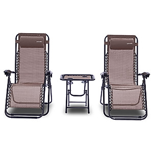 SereneLife Zero Gravity Lounge Chair - Set of 2 Adjustable Recliners and Side Table, Includes Removable Padded Headrest Pillows, Breathable Mesh Fabric, Lightweight and Foldable, Brown