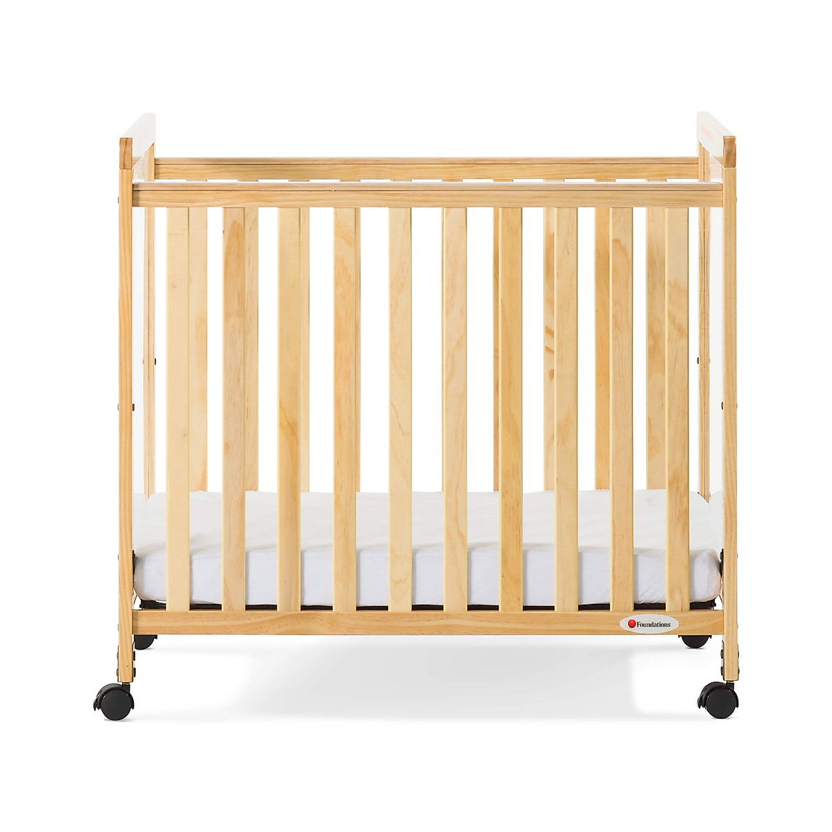 Foundations SafetyCraft Clearview Compact Daycare Crib, Durable Wood Construction, Non-Marking Casters (2 Locking), Includes 3” InfaPure Foam Mattress (Natural)