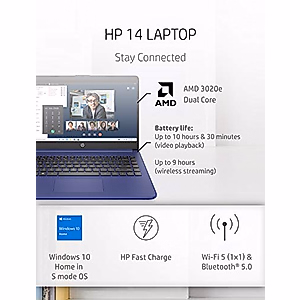 HP 14 Laptop, AMD 3020e, 4 GB RAM, 64 GB eMMC Storage, 14-inch HD Display, Windows 10 Home in S Mode, Long Battery Life, Microsoft 365, (14-fq0010nr, 2020)