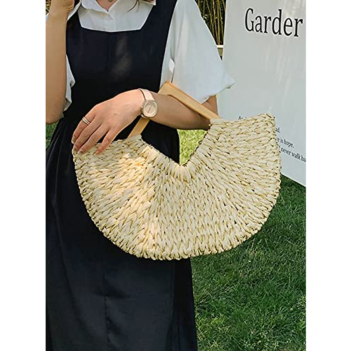 Tellrain Straw Bags for Women Semi Round Large Tote Purse Casual Summer Vocation Straw Handbag Woven Tote