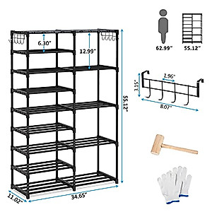 Tribesigns 9 Tiers Shoe Rack, 28-32 Pairs Large Separable Shoe Organzier 9-Tier +5-Tier Metal Boot Shelf with Side Hooks Shoe Tower Space Saving Shoe Storage Cabinet for Entryway Room Organization