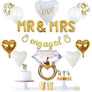 Vidal Crafts Gold Engagement Party Decorations - White & Gold Decor with Engaged Banner, Mr and Mrs Balloons, Latex Heart Confetti Balloons, Engagement Ring - Gold Themed Engagement Decorations
