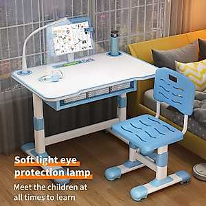 yoakaiax Kids Desk and Chair Set, Height Adjustable Student Study Desk with Extra Large Drawer,Tiltable Desktop Toddlers Writing Table, Children Learning Table with Large Drawer for Boys & Girls Blue