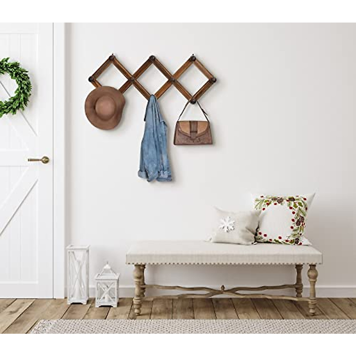 TRSPCWR 2 Pack Accordion Wall Hanger, Expandable Coat Rack Wall Mounted, Solid Wooden Wall Hat Rack, Wood Hat Hanger for Hanging Coat, Hats, Caps, Mugs, 10 Peg, Brown