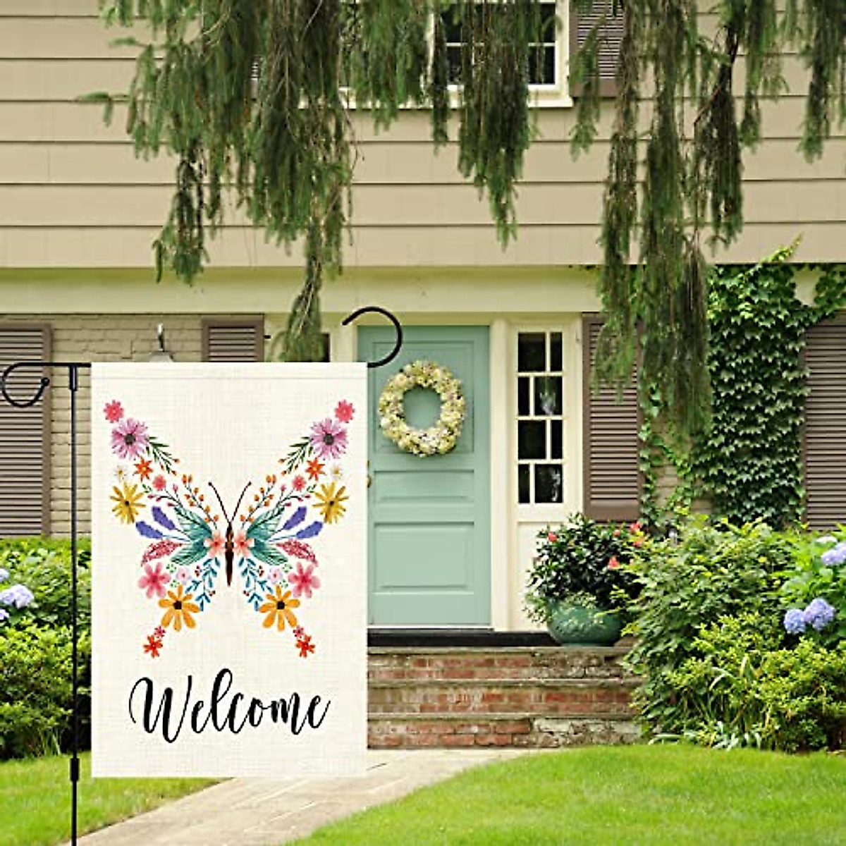 Welcome Spring Floral Garden Flag 12x18 Double Sided, Burlap Small Vertical Spring Butterfly Flower Garden Yard Flags for Seasonal Outside Outdoor House Decoration (Only Flag)