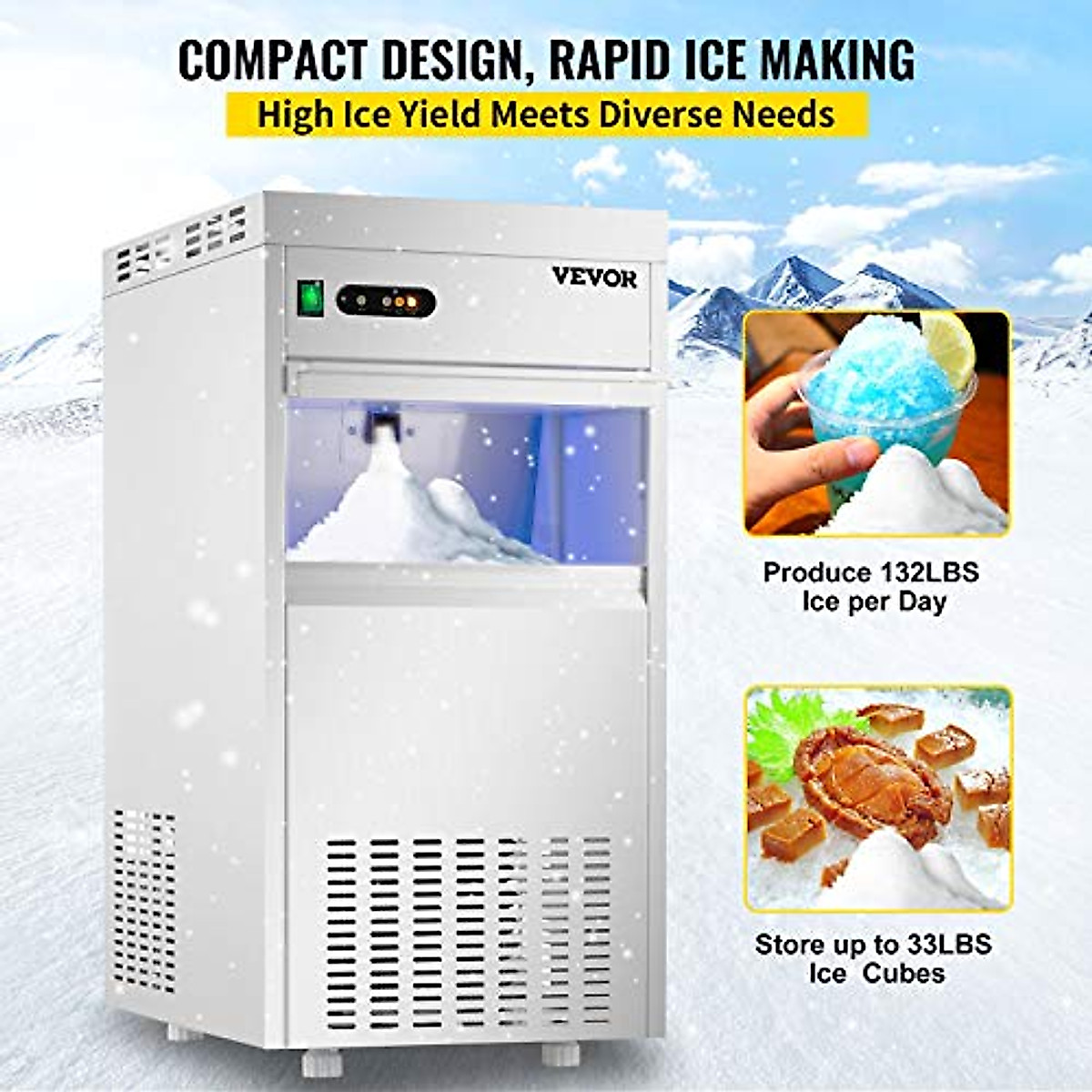 VEVOR 110V Commercial Snowflake Ice Maker 132LBS/24H, ETL Approved Food Grade Stainless Steel Flake Ice Machine Freestanding Flake Ice Maker for Seafood Restaurant, Water Filter and Spoon Included