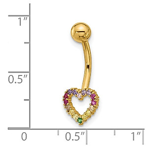 14k Gold 14 Gauge Polished Rainbow CZ Cubic Zirconia Simulated Diamond Love Heart Belly Navel Ring Measures 23.5mm Long Jewelry for Women