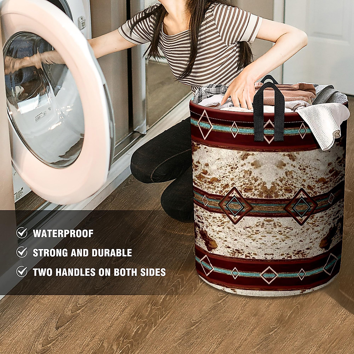 Western Aztec Cow Print Baby Laundry Hamper,Laundry Basket,Waterproof Storage Bin for Bedroom,Clothes Organizer Basket,Toys Box,Room Decor