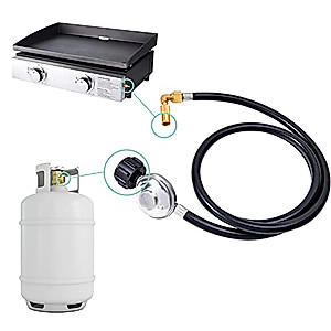 KTUOPEE 6 Feet Low Pressure Propane Adapter Hose with Regulator for Blackstone 17" and 22" Tabletop Flat Top Griddle, QCC1 Universal Grill Regulator Replacement Parts with Solid Brass Elbow Adaptor