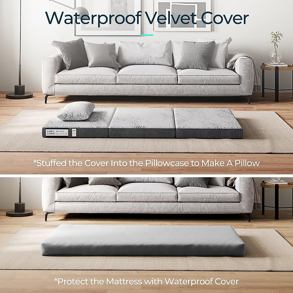 LINSY LIVING Foldable Mattress Full, 4 Inch Gel Memory Foam Trifold Mattress, Folding Mattress with Bonus Waterproof Cover Soft Full Size Mattress with Removable & Washable Cover, Grey