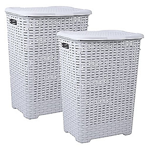 Plastic Laundry Hamper with Lid Laundry Hamper Basket, White Smoke 2 Pack Tall Cloths Hamper Organizer with Cut-out Handles. Space Saving for Laundry Room Bedroom Bathroom, Wicker Design 60 Liter