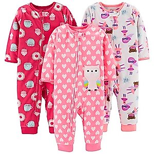 Simple Joys by Carter's Baby Girls' Loose-Fit Fleece Footless Pajamas, Pack of 3, Superhero/Donut/Owl, 24 Months