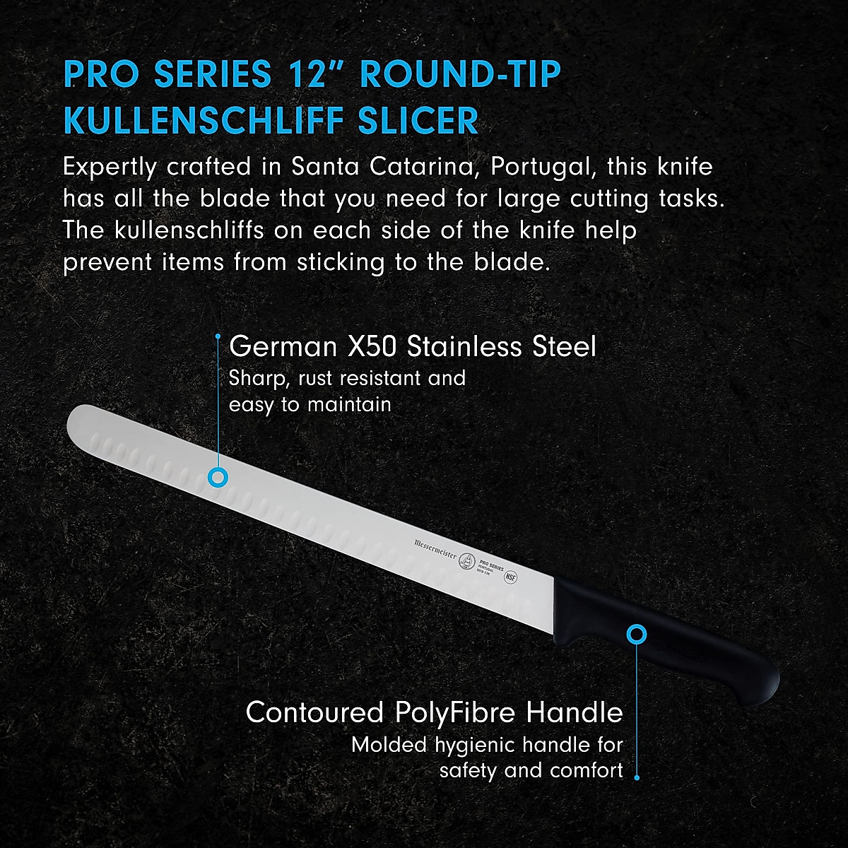 Messermeister Pro Series 12” Round-Tip Kullenschliff Slicer Knife - German X50 Stainless Steel & NSF-Approved PolyFibre Handle - 15-Degree Edge, Rust Resistant & Easy to Maintain - Made in Portugal