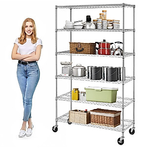 6-Tier Wire Shelving Unit 6000lb Capacity NSF Heavy Duty Steel Height Adjustable Storage Shelves with Wheels, 18" L x 48" W x 76" H Metal Shelf - Chrome