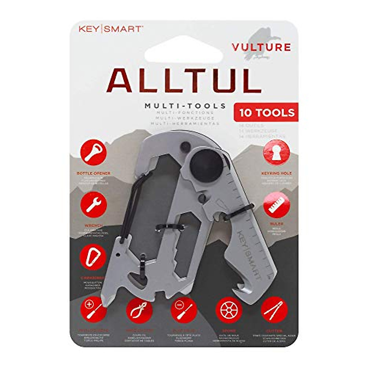KeySmart AllTul Vulture - 10-in-1 keychain multitool with Bottle Opener, Wrench, Carabiner, Philips Head, Wire Cutter, Flat Head, Spoke, Cutter, Ruler and Keyring Hole, Tool for Camping, Fishing Etc.
