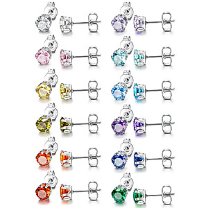 LOYALLOOK 12 Pairs Stainless Steel Brilliant Cut Round Cubic Zirconia Birthstone Stud Earrings for Women (C:3mm 12 pairs)
