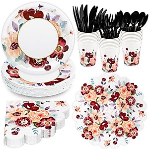 DYLIVeS Floral Party Decorations, Vintage Flower Paper Plates and Napkins Cups Cutlery Set Scallop Floral Napkins Tea Party Supplies for Bridal Shower, Baby Shower, Birthday, Garden Party, Serves 24