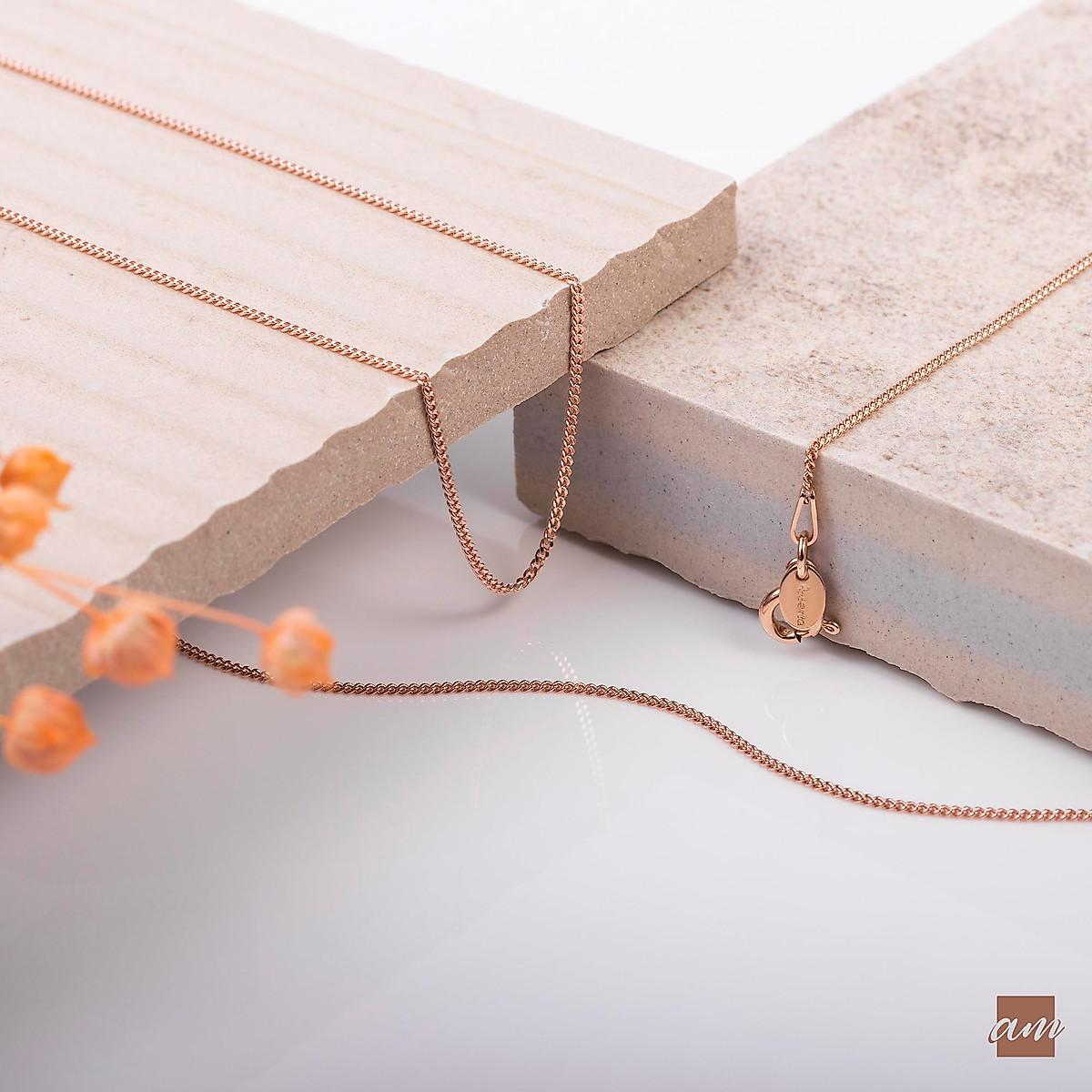 Amberta 14K Rose Gold Plated on 925 Sterling Silver 1.3 mm Curb Chain Necklace Length 28" inch / 70 cm (28)