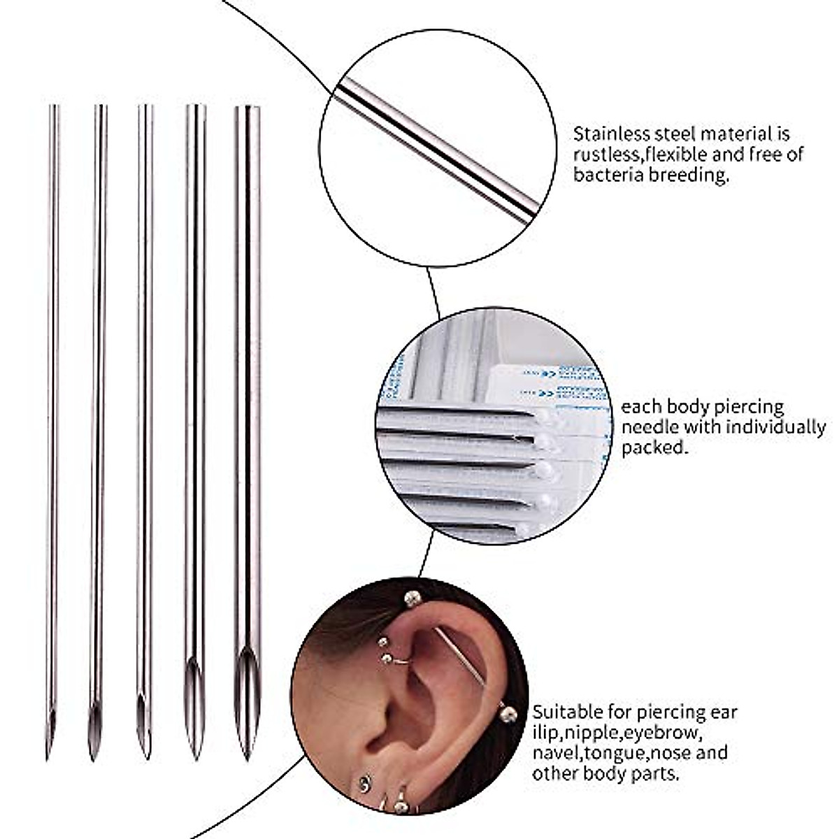 Ear Nose Piercing Needles - 100pcs Mix Body Piercing Needles 12g.14g.16g.18g.20g Individualized Package for Piercing Needle Supplies Piercing Kit