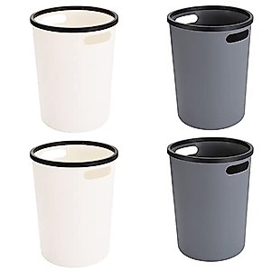 Zhongren 3 Gllon Trash Can Wastebasket Round Plastic Recycling Bin with Handles Garbage Container for Kitchen Office Bathroom Living Room Bedroom Commercial White+Grey-4 Pack