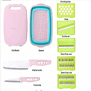 MMOOCO Chopping Board, 9 in 1 Multi-Function Cutting Boards Kitchen Tools Set Chopping Board Folding Drain Basket Sink Cutting Boards Kit (Color : Green)