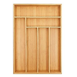 Juvale Bamboo Silverware Drawer Organizer, Wooden Cutlery Tray Holder for Kitchen, Flatware & Utensil Storage with 6 Slots, 17 x 11.75 x 1.75 Inches