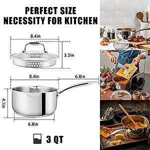 Rorence 3-Quart Saucepan with Lid: Pour and Strain Stainless Steel Sauce Pan with Pour Spouts, Capsule Bottom & Tempered Glass Lid