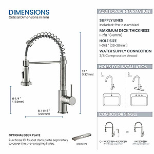 KIBI Aurora Single Handle Spring Pull Down Faucet for Kitchen Sink | Solid Brass High Arc Faucet Spout | Kitchen Faucet with Pull Down Sprayer (Brushed Nickel) (KKF2003) (Soap Dispenser included)