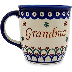 Polish Pottery 11 oz Babcia - Grandma Mug (Hearts And Flowers Theme) + Certificate of Authenticity