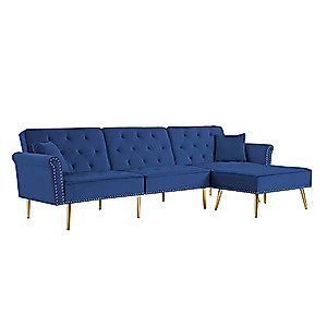 Eafurn 110" Convertible Sectional Sofa with Reversible Chaise and Adjustable Backrest,Modern Oversized Velvet Upholstered L-Shaped Corner Couch Bed with Nailhead Trim for Living Room