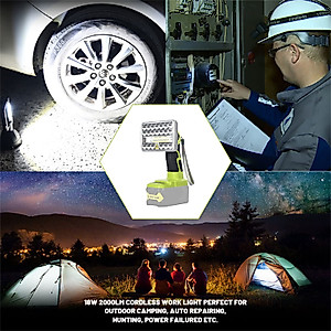 Hiesuan 18W 2000LM Cordless LED Work Light for Ryobi 18V ONE + Lithium-ion NiCd NiMh Batteries Portable Handheld Flashlight Outdoor Flood Light for Jobsite Lighting Camping Repairing