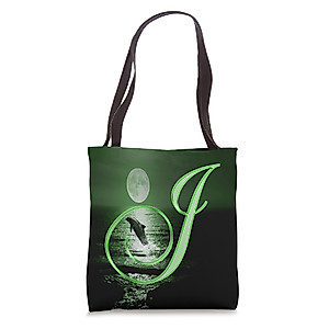 J Dolphin Green Animal Ocean Moon Sea Initial Letter Name Tote Bag