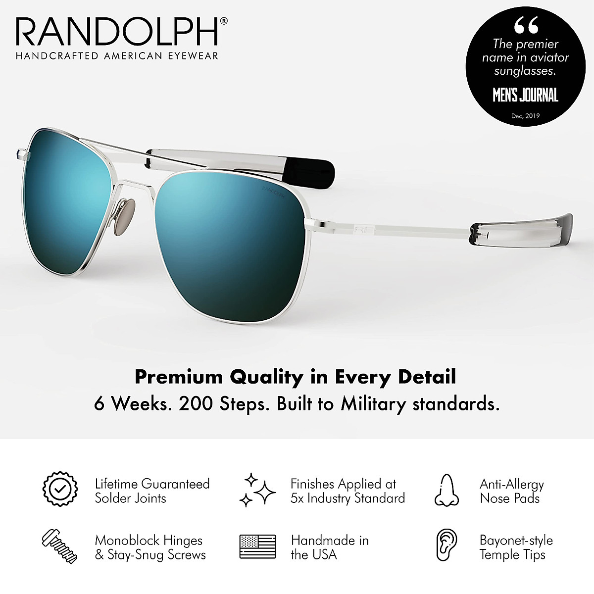Randolph USA | 23k White Gold Classic Aviator Sunglasses for Men or Women Polarized 100% UV