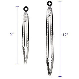 304 Stainless Steel Kitchen Cooking Tongs, 9" and 12" Set of 2 Sturdy Grilling Barbeque Brushed Locking Food Tongs with Ergonomic Grip, Black