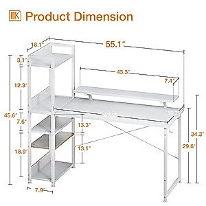 ODK Computer Desk with Storage Shelves and Monitor Stand, 55 Inch Writing Desk with Bookshelf, Reversible Study Table for Home Office, Small Space Bedroom, White