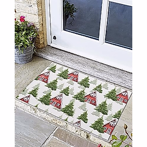 Indoor Outdoor Mats, Christmas Tree and Farm Barn Tile Pattern Door Mat, Non-Slip Absorbent Resist Dirt Entrance Mat Washable Welcome Mats for Entryway, Low-Profile Floor Mats