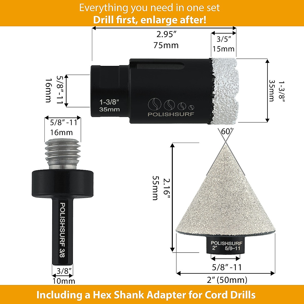 Diamond Core Drill Bits 1-3/8 Inch and Beveling Chamfer Bits 2 Inch Kit Vacuum Brazed Hole Saw with 5/8-11 Thread Plus 3/8 Inch Hex Shank Adapter (Set-2 with 1-3/8" (35mm) Diamond Core Drill Bit)