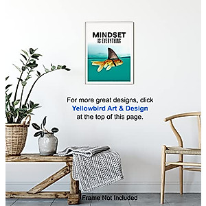 Mindset is Everything - Motivational Wall Art Poster for Home, Office - Gift for Entrepreneur, Student, Men, Teens - Inspirational Decor - Uplifting Self-Improvement Positive Quote - Shark Goldfish