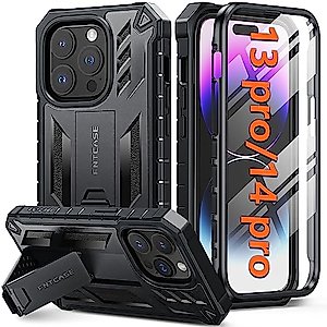 FNTCASE for iPhone 14-Pro Phone Case: for iPhone 13 Pro Cases | Military Grade Drop Proof Protection Mobile Cover with Kickstand | Matte Textured Rugged Shockproof TPU | Protective Sturdy - Black