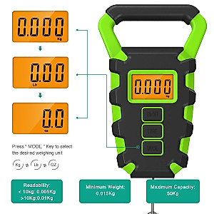 ORIA Digital Fishing Scale with Ruler, Fishing Postal Hanging Hook Scale, 110lb/50kg Waterproof Luggage Scale with Measuring Tape, Luggage Hook, Backlit LCD Display, Green